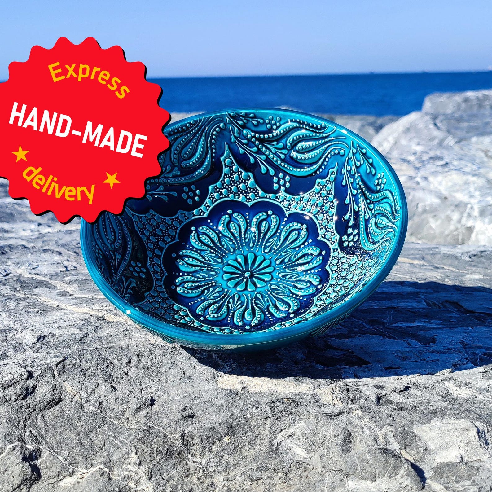 Turquoise Floral Elegance: Handcrafted 20cm Turkish Ceramic Bowl ...