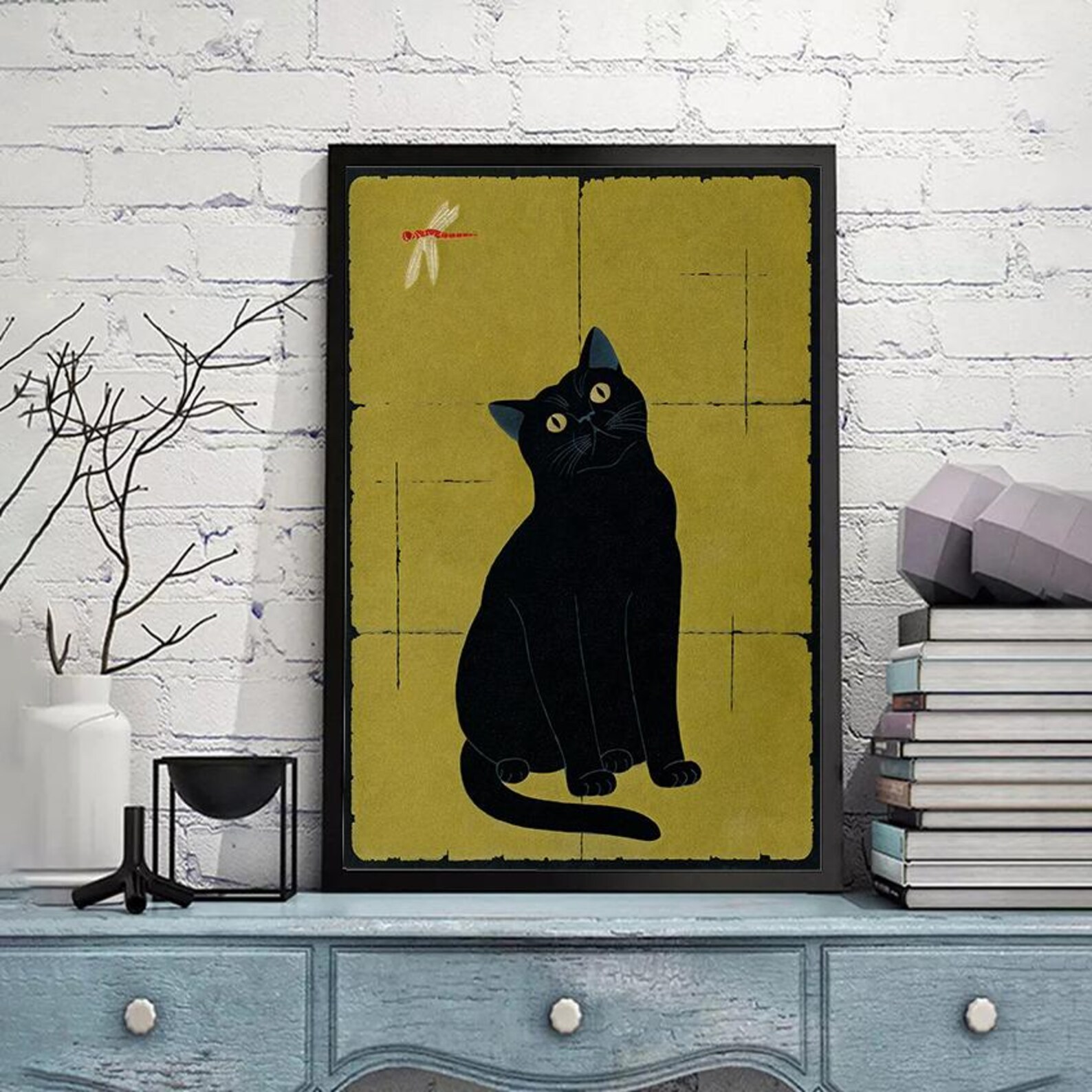 Black Cat With Dragonfly - Tadashige Nishida-vintage Japan Poster ...