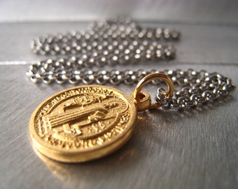 Gold St. Benedict Pendant Necklace Religious Statement | Etsy