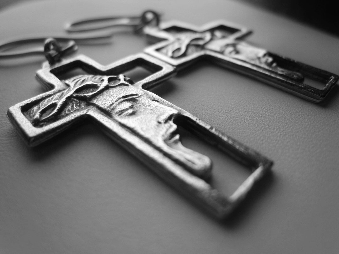 Face of Christ Jesus Cross Earrings Religious Spriritual Mens Earrings ...