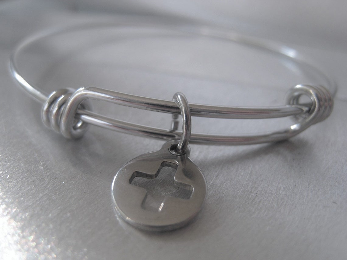 Stainless Steel Cross Adjustable Bangle Silver Religious Jewelry ...