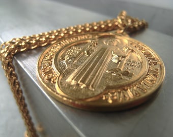 Gold St. Benedict Pendant Necklace Religious Statement | Etsy