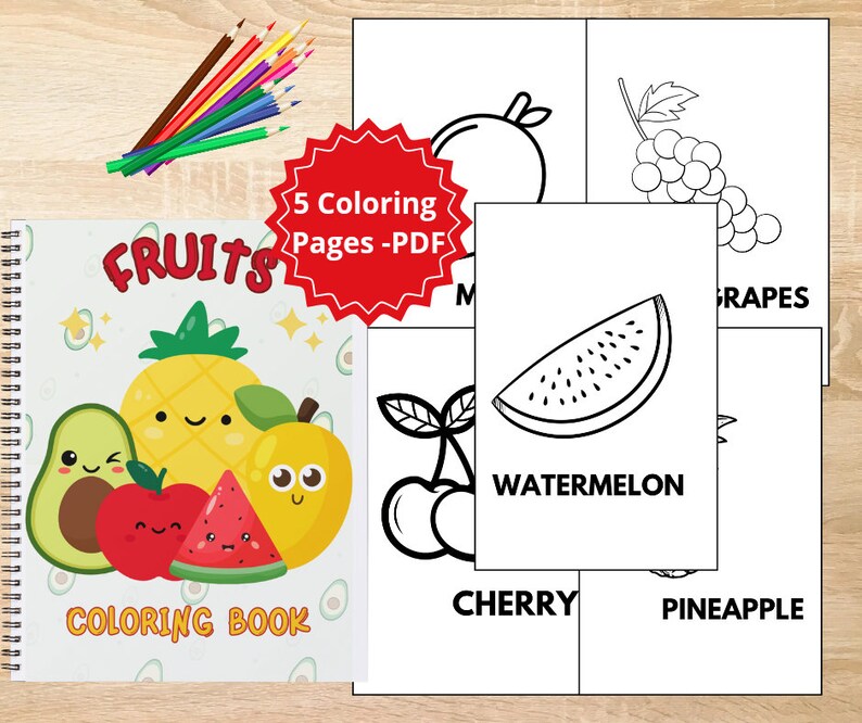 5 Coloring Pages PDF fruits FREE Book Cover - Etsy
