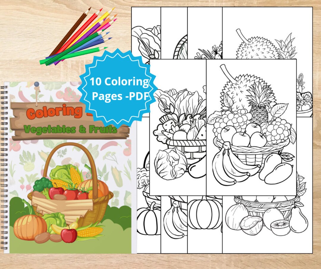 Combo 10 Coloring Pages PDF Vegetables & Fruits FREE Book Cover - Etsy
