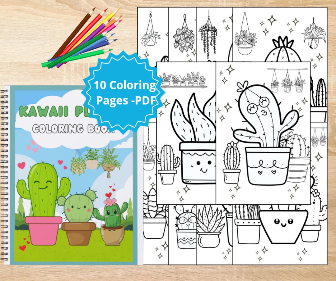 Combo 10 Coloring Pages Pdf-kawaii Plants FREE Book Cover - Etsy