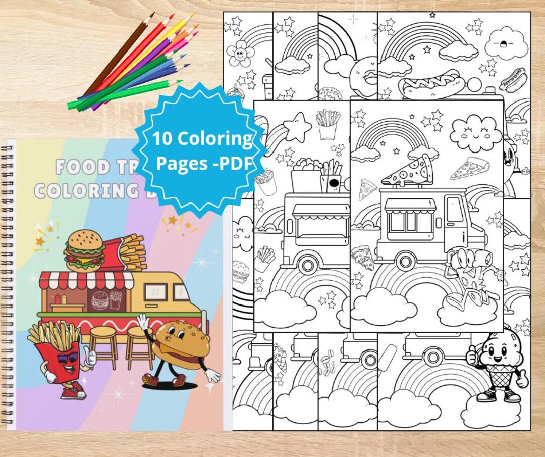 Combo 10 Coloring Pages PDF Foodtruck FREE Book Cover - Etsy