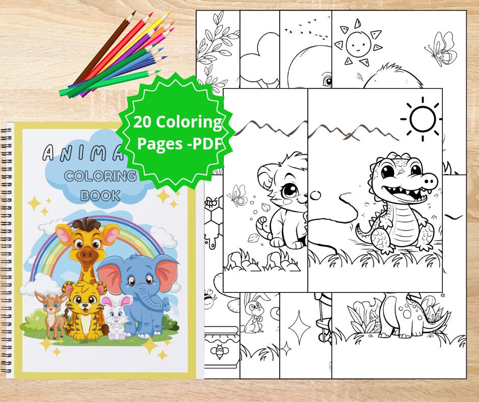 Combo 20 Coloring Pages-animals Theme PDF FREE Book Cover - Etsy