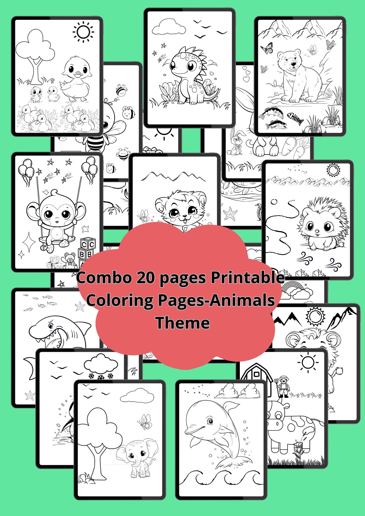 Combo 20 Coloring Pages-animals Theme PDF FREE Book Cover - Etsy