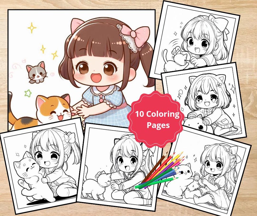 Combo 10 Coloring Pages PDF Kawaii Pets size: 8.5 X 8.5 Inches - Etsy