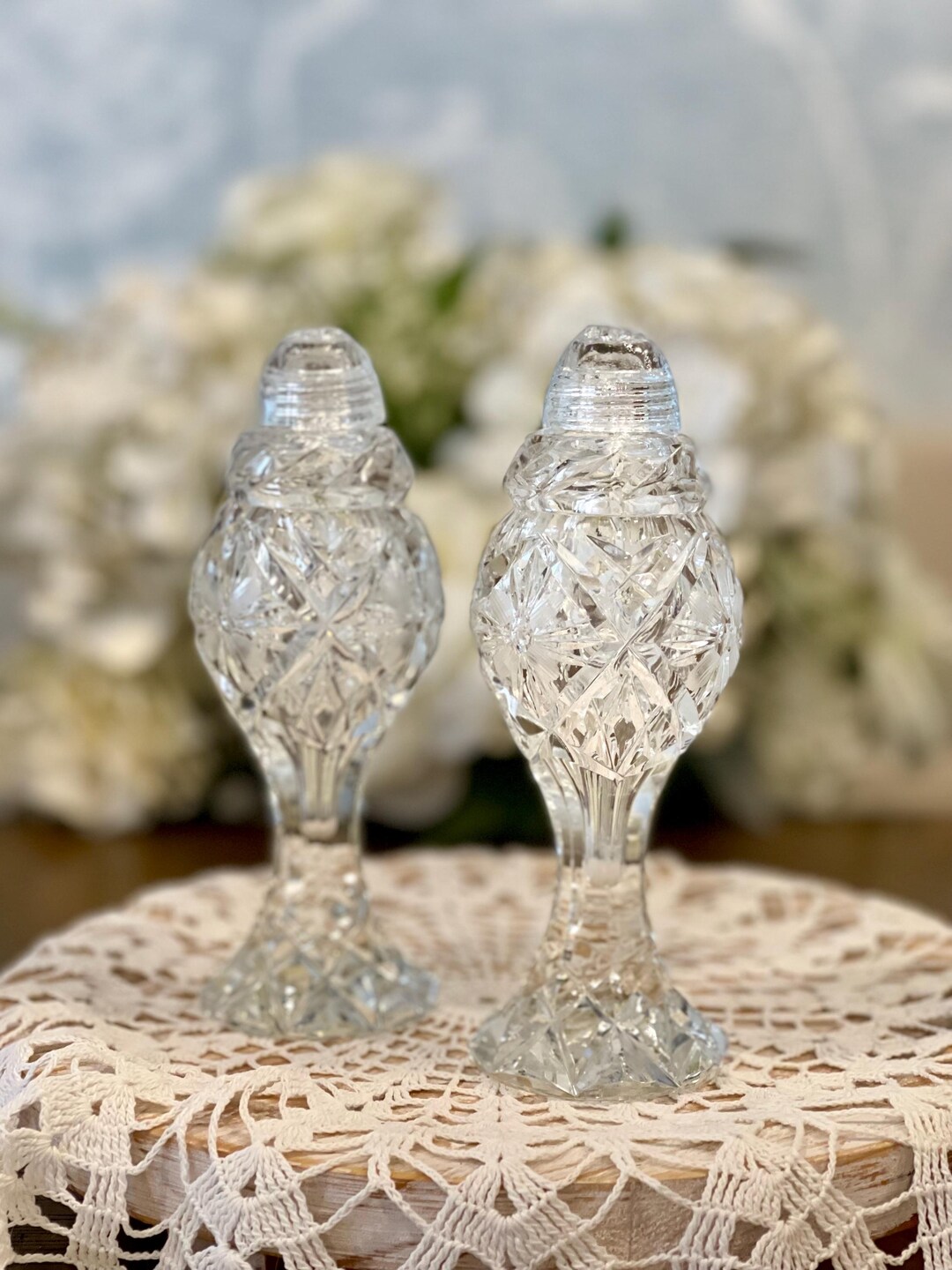 Vintage Bohemian Czech Cut Crystal Tall Pedestal Salt & Pepper Shakers ...