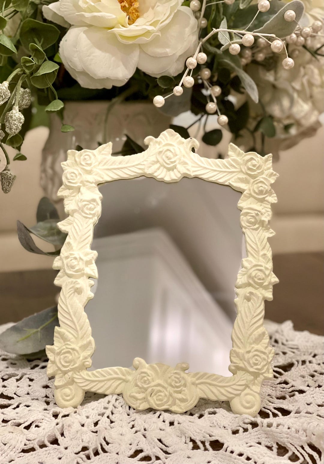 Vintage White Cast Iron Rose Vanity Mirror - Etsy