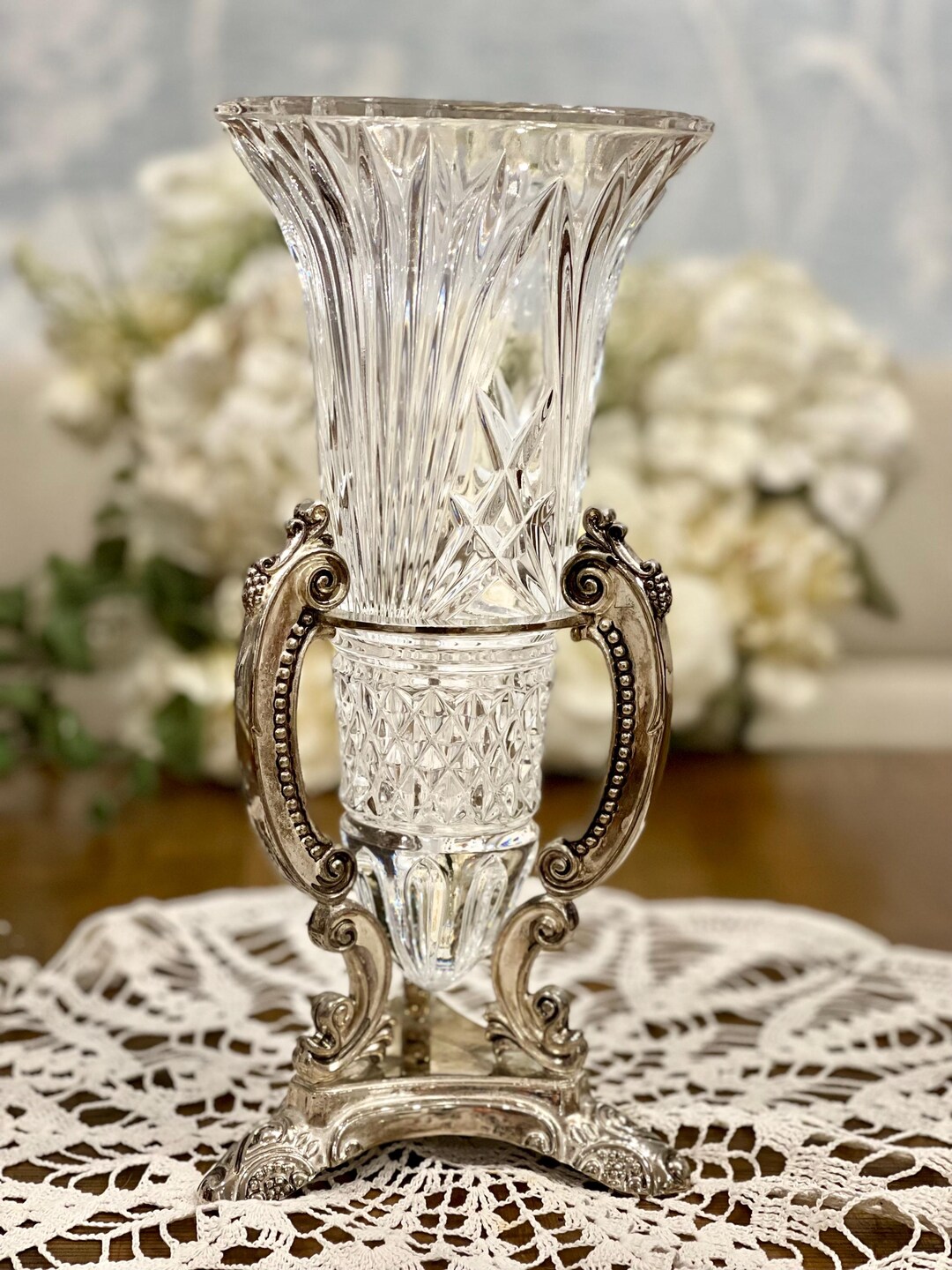 Godinger Cut Crystal Teardrop Tulip Vase With Ornate Silver Stand 11.5 ...