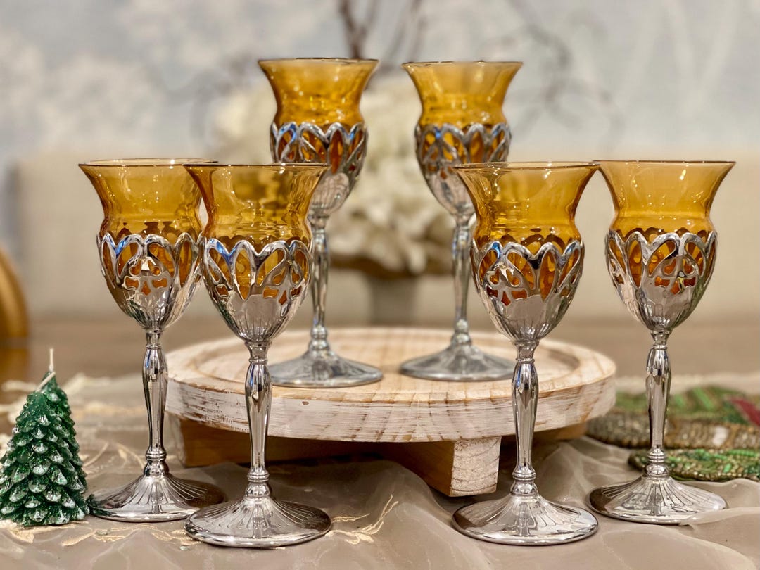 Vintage Farber Bros Amber Cambridge Glass Chrome 1930s Cordial Glasses ...