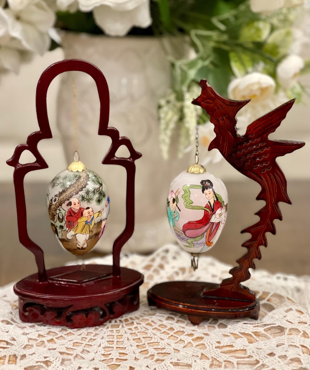 Lot of 2 Chinese Hand Painted Glass Ornament Hanging on Ornate Wood ...