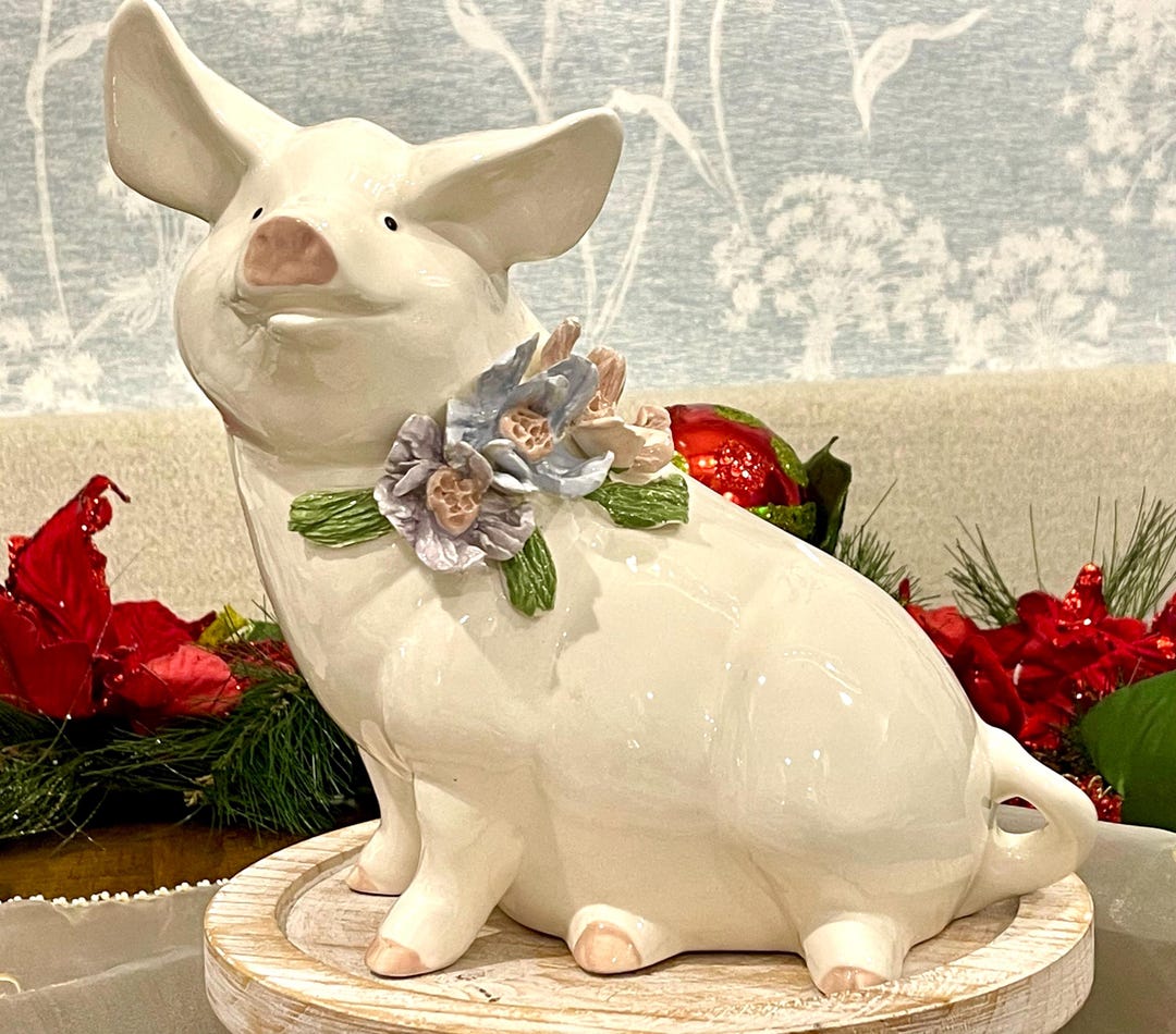 Adorable Ceramic Pig Figurine With Floral Bow - Etsy
