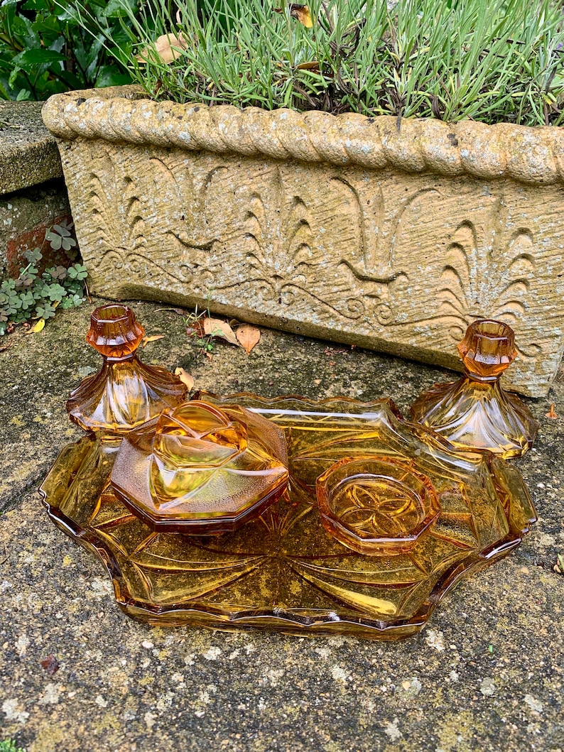 Amber Art Deco Glass Dressing Table Set Sherdley Glass England 1930s - Etsy