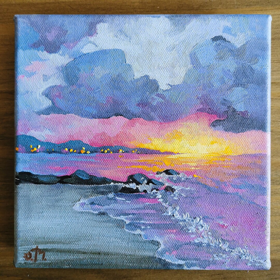 Miniature Seascape Sunset Painting Original Oil Art 6 X 6 Unframed - Etsy