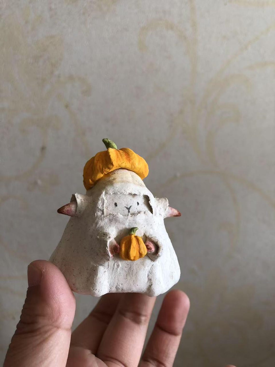 Pumpbaa1 | Puff Lamb Hold Little Round Pumpkin | Handmade Clay Figurine ...