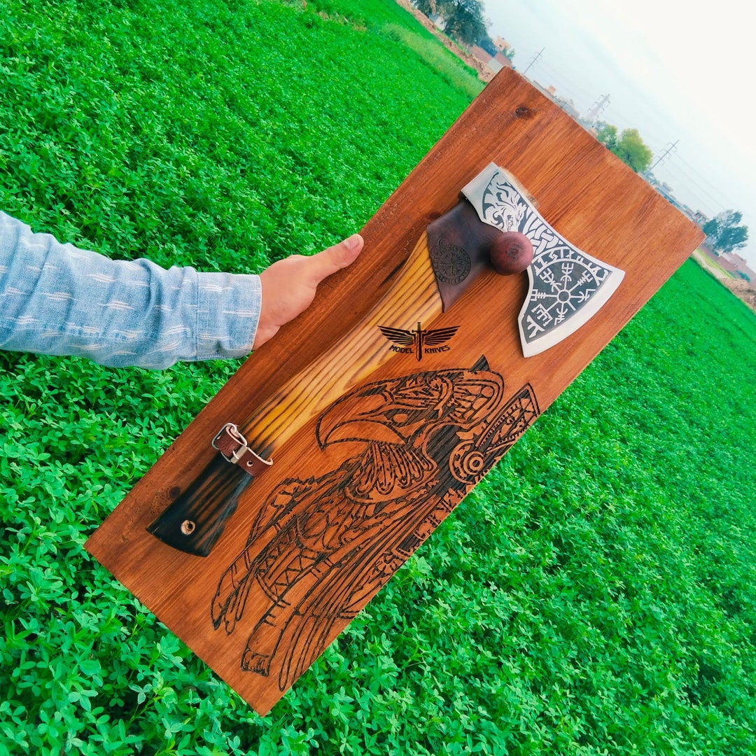 Legendary Norse Raven Head Engraved Axe & Wall Mount Hand Forged Carbon ...