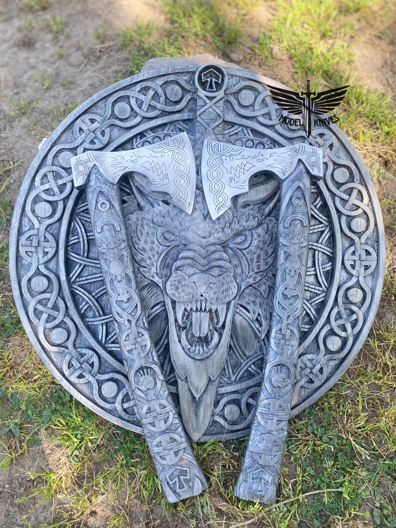 Legendary Norse Wolf Head Engraved Shield & Axe Set Hand Forged Carbon ...