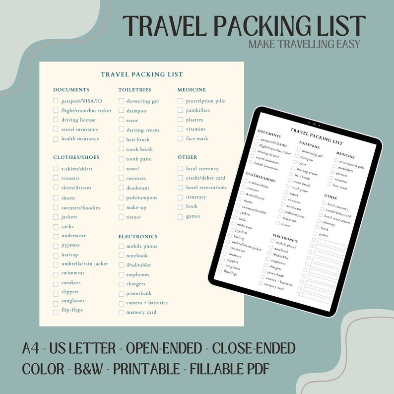 Fillable & Printable Travel Packing List - Etsy