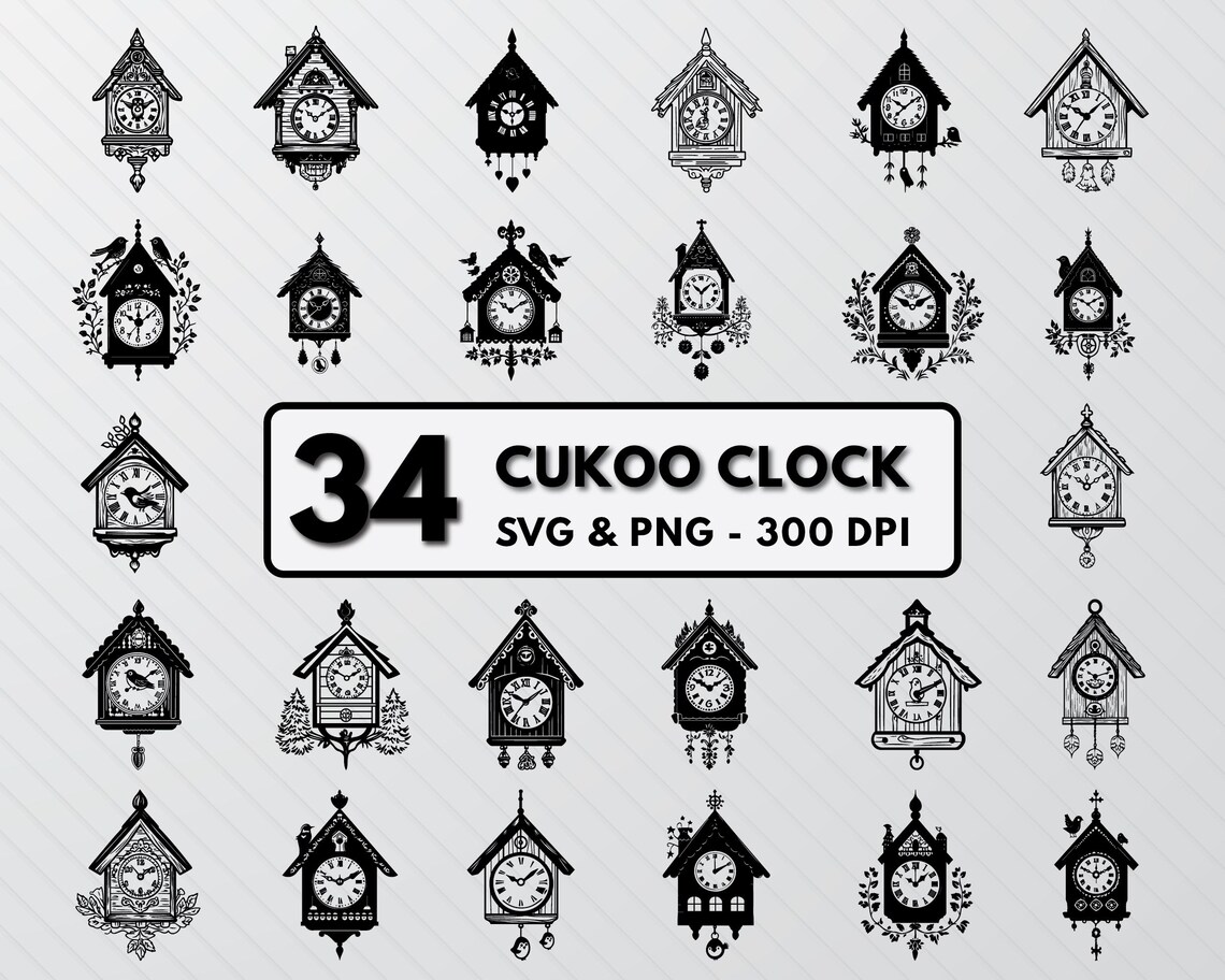 Cuckoo Clock SVG Bundle: German Clipart, Silhouette, Decal (PNG, Cricut ...
