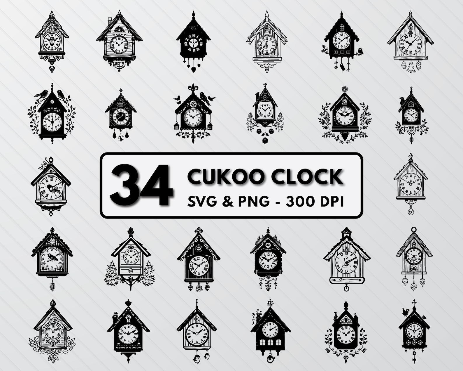 Cuckoo Clock SVG Bundle: German Clipart, Silhouette, Decal (PNG, Cricut ...
