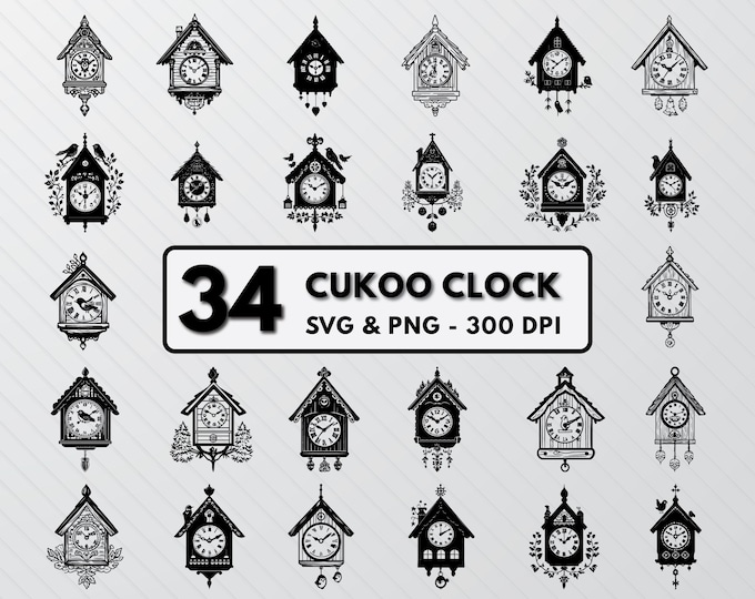 Cuckoo Clock Clipart Set / Outline, Silhouette Stamp & Color Drawing ...