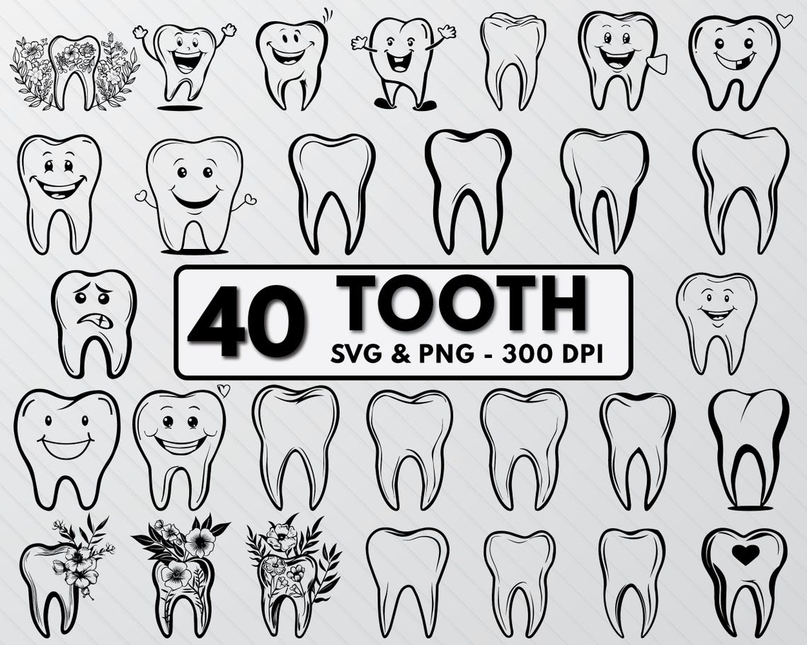 Tooth SVG Bundle: Flower Clipart, Healthy Outlines (PNG, Vector) - Etsy