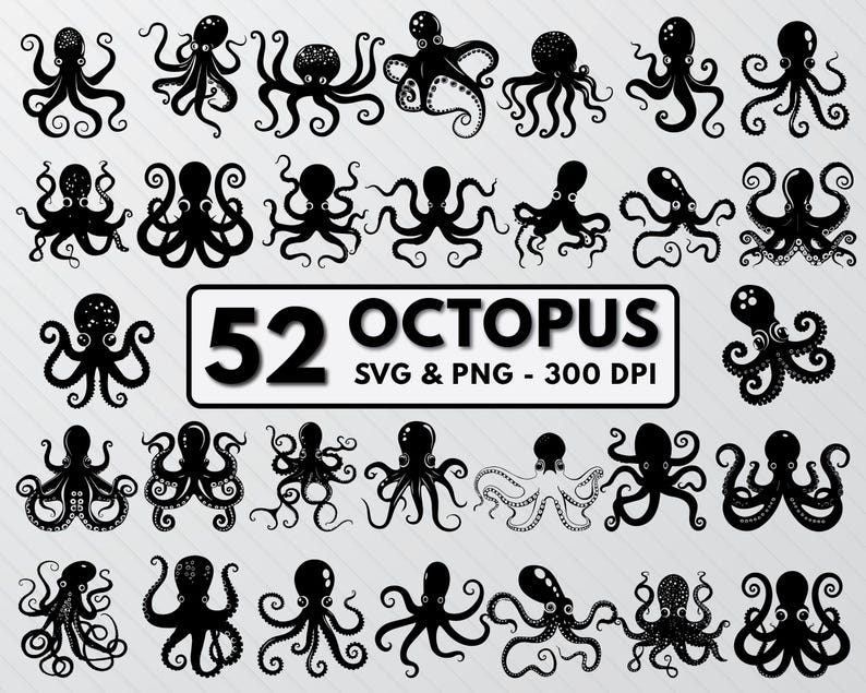 Octopus Silhouette SVG Bundle: Sea Creature Clipart (PNG, Vector) - Etsy