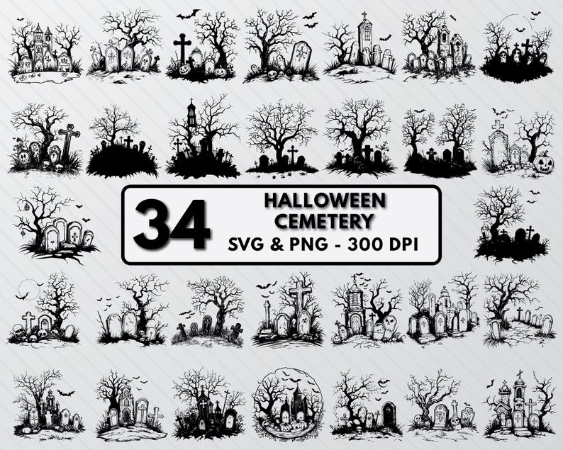 Halloween Cemetery Svg Decal Bundle, Halloween Cemetery Silhouette Cut ...