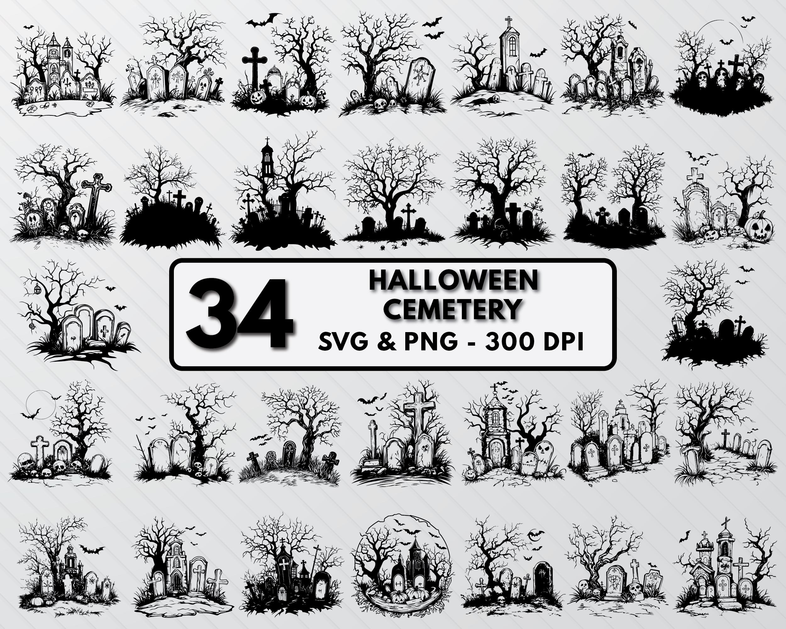 Halloween Cemetery Svg Decal Bundle, Halloween Cemetery Silhouette Cut ...