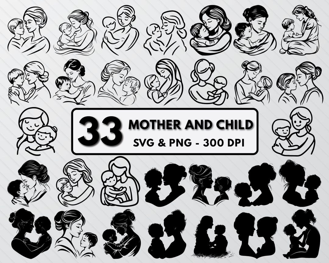 Mother and Child Silhouette SVG Bundle: Outlines Decal Vector (PNG) - Etsy