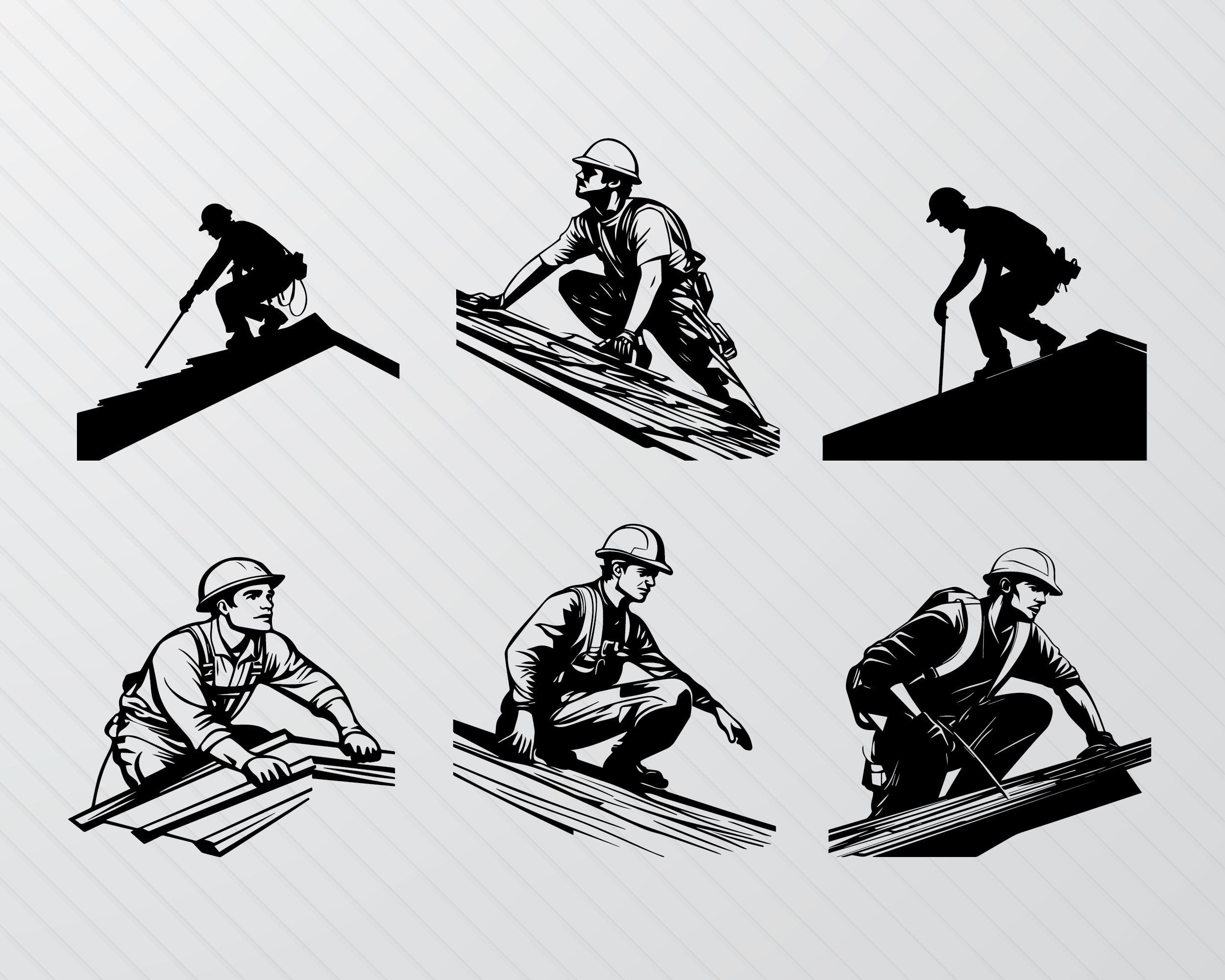 Roof Worker Silhouette SVG Bundle: Roofer Clipart, Constructor Outlines ...