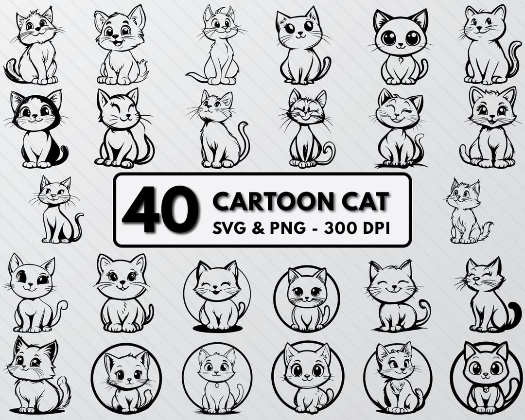 Cartoon Cat Svg Bundle, Cartoon Cat Silhouette, Hand Draw Cartoon Cat ...