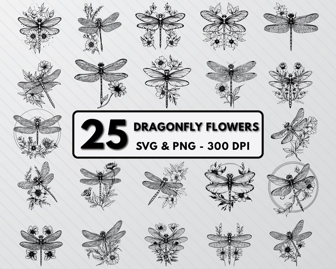 Dragonfly Flowers SVG Bundle: Floral Silhouette Cut Files (PNG, Vector ...