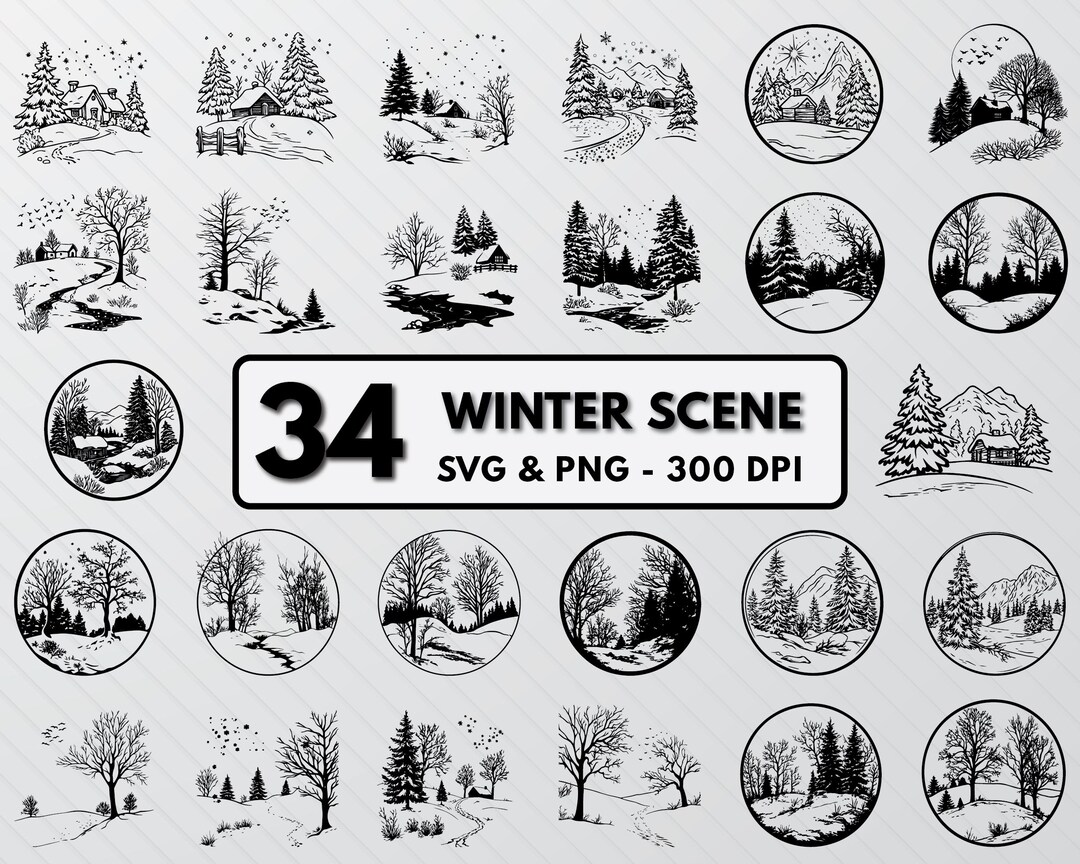 Winter Scene Svg Bundle, Christmas Winter Scene Silhouette Design ...