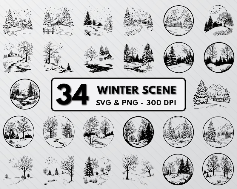 Winter Scene Svg Bundle, Christmas Winter Scene Silhouette Design ...