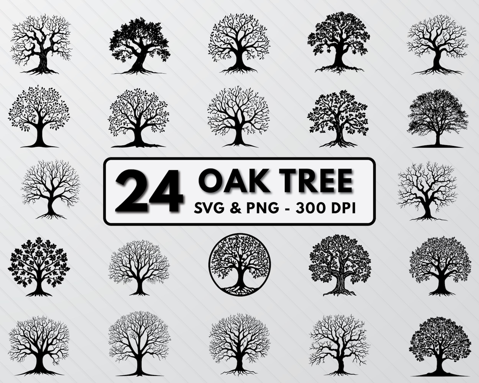 Oak Tree Silhouette SVG Bundle: Old Tree Scene, Bonsai Design (PNG ...