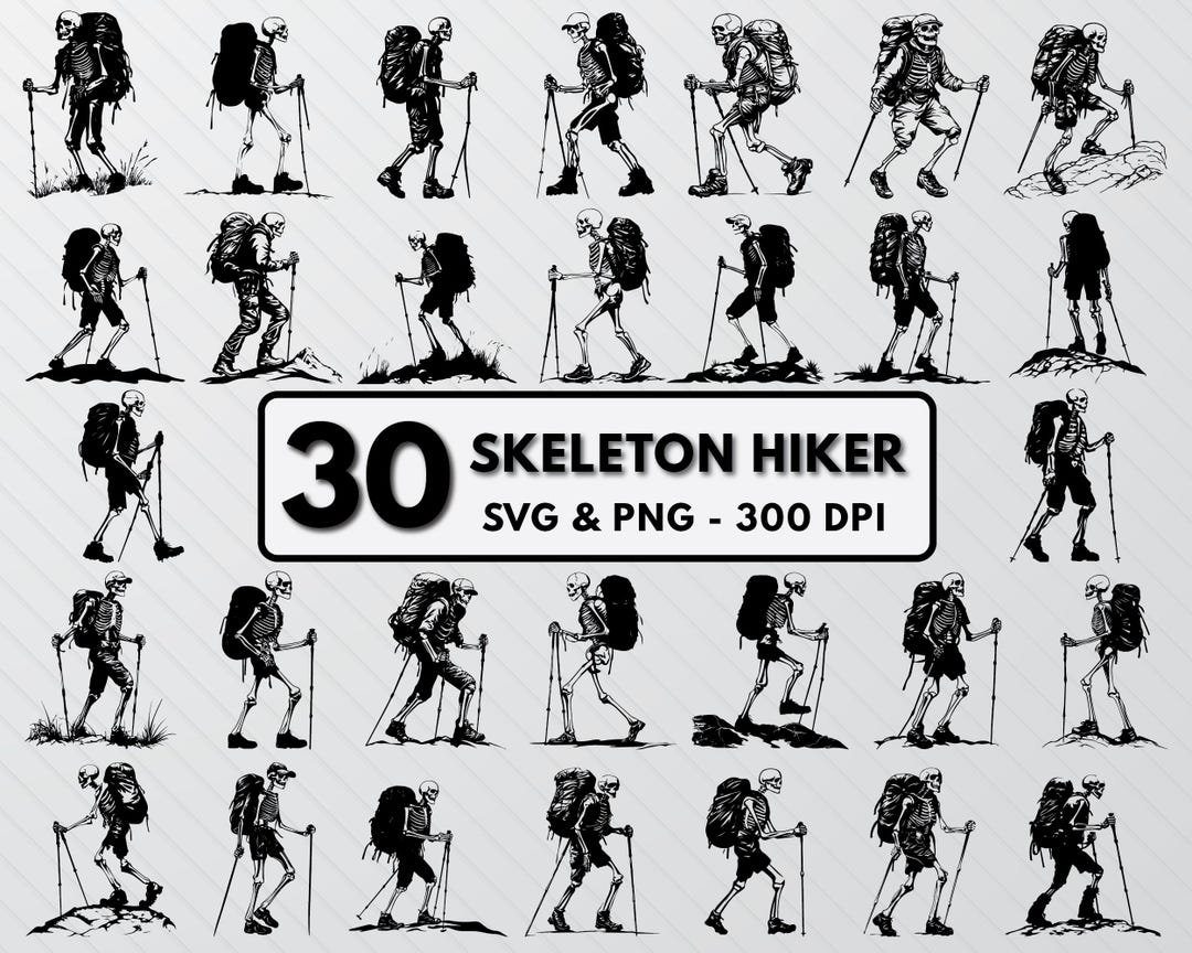 Skeleton Hiker Silhouette, Hiker Svg Bundle, Hiking Clipart Png ...