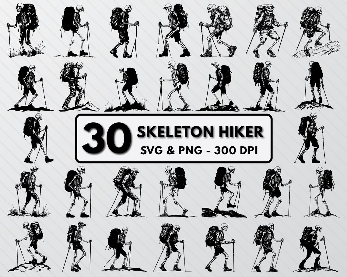 Skeleton Hiker Silhouette, Hiker Svg Bundle, Hiking Clipart Png ...