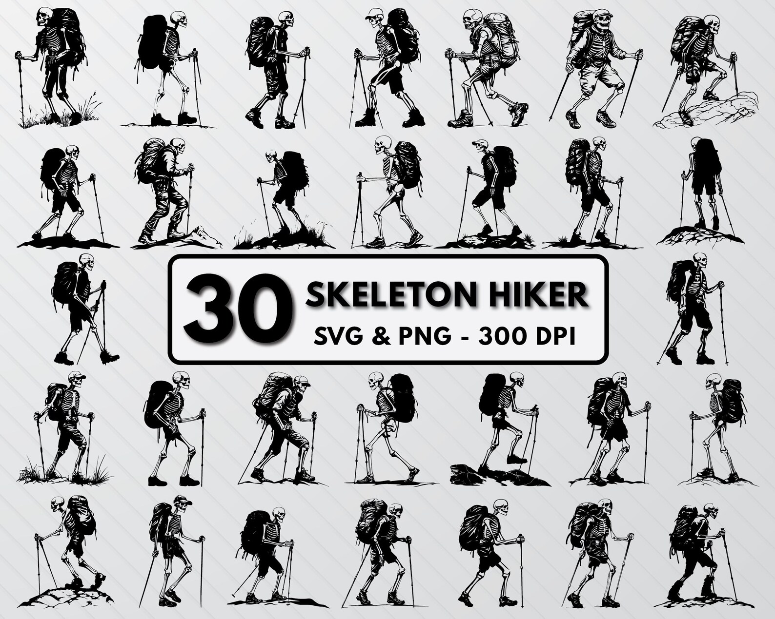Skeleton Hiker Silhouette, Hiker Svg Bundle, Hiking Clipart Png ...