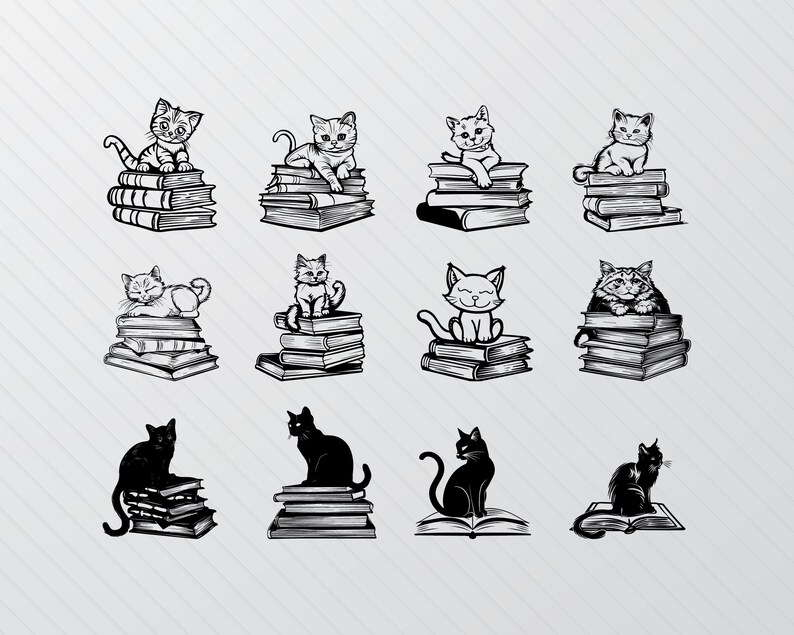 Cat on Book Silhouette Bundle: Clipart SVG & PNG (58 Files) - Etsy