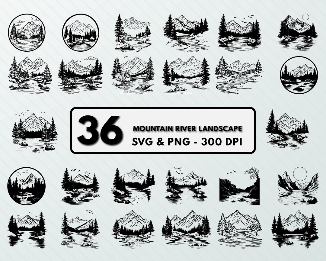 Mountain River Landscape SVG PNG Bundle: Silhouette Clipart (digital ...