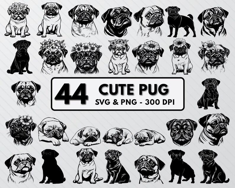Pugs Dog Silhouette Svg, Pug Dogs Svg Bundle Cut Files Cricut, Pugs ...