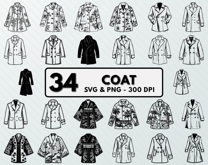 Long Coat Vector Clipart Set / Outline, Stamp & Color Drawing Graphic ...