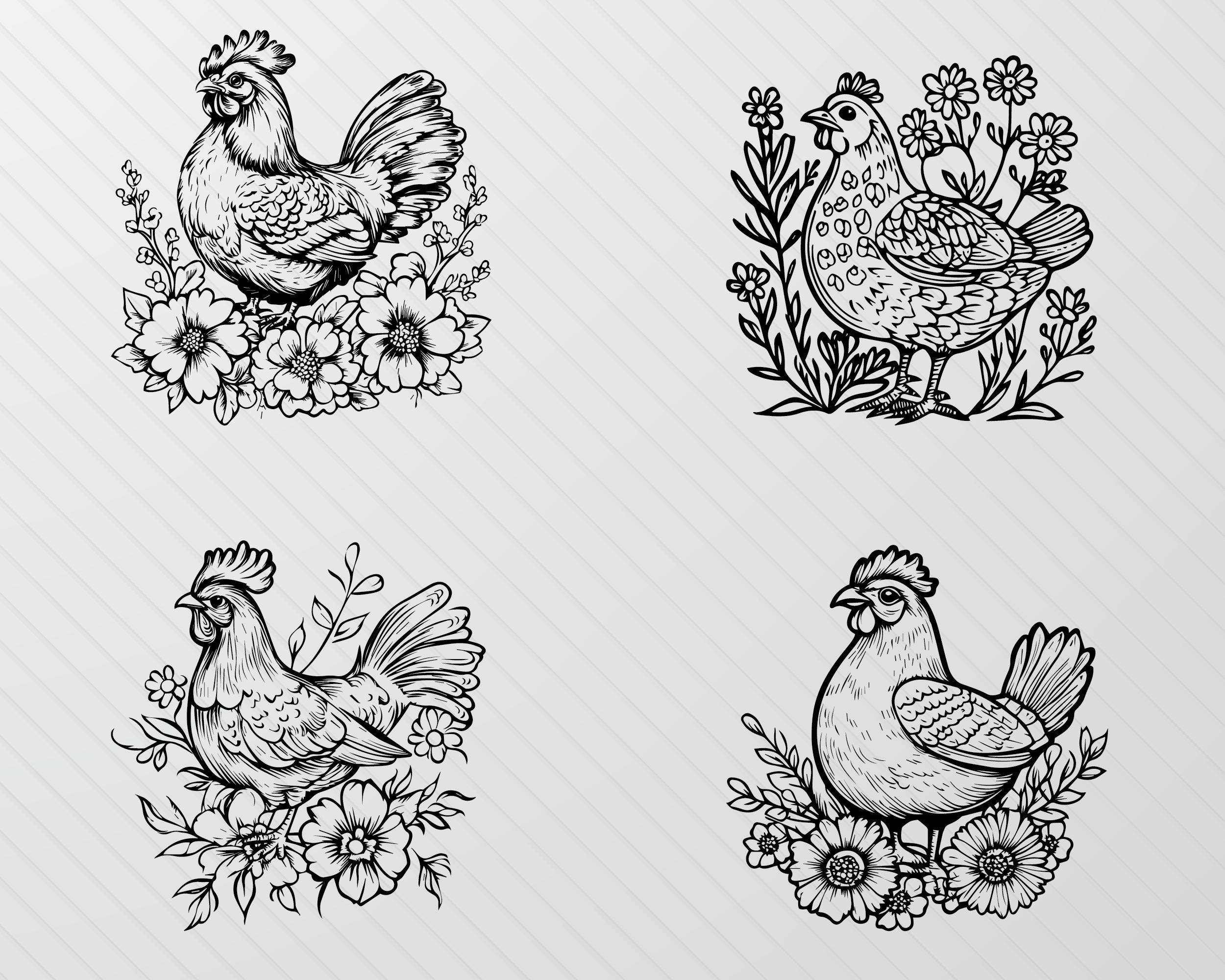 Floral Chicken SVG Bundle: Hen Silhouette, Vector Art (digital Download ...