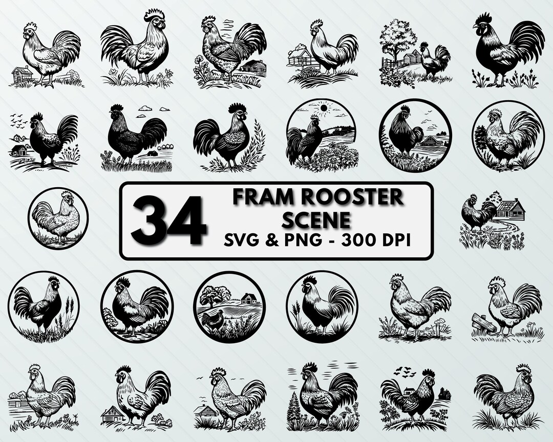 Rooster Scene Svg, Rooster PNG, Farm Rooster Clipart, Rooster ...