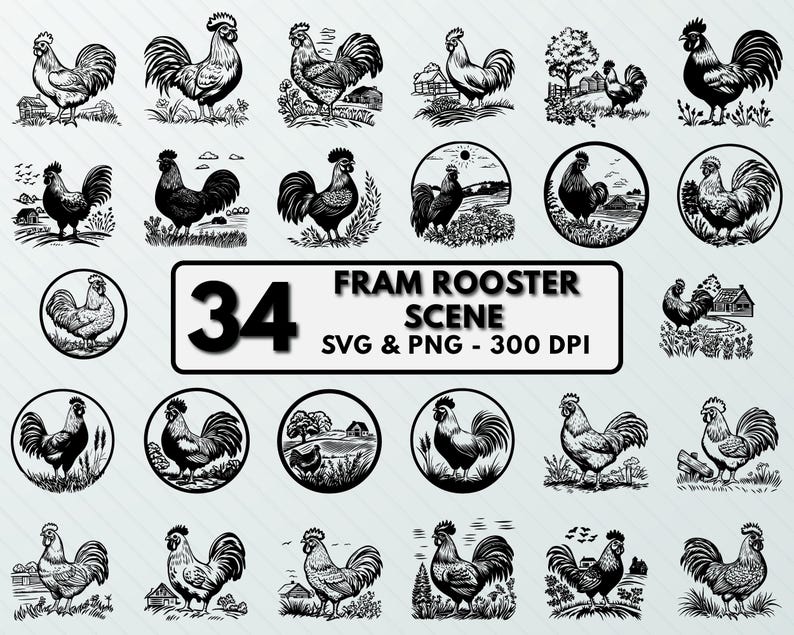 Rooster Scene Svg, Rooster PNG, Farm Rooster Clipart, Rooster ...