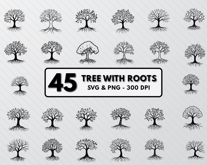 Tree With Roots Silhouette, Tree With Roots Svg Bundle Set, Cute Trees ...